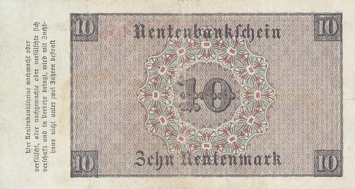 RealBanknotes.com > Germany p164: 10 Rentenmark from 1923