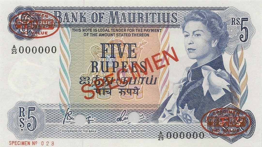 RealBanknotes.com > Mauritius p30s: 5 Rupees from 1967