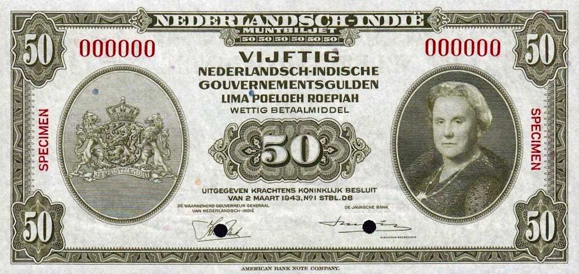 RealBanknotes.com > Netherlands Indies p116s: 50 Gulden from 1943