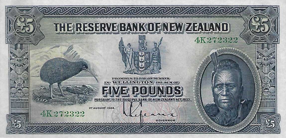 RealBanknotes New Zealand P156 5 Pounds From 1934 RealBanknotes New Zealand P156 5 Pounds From 1934