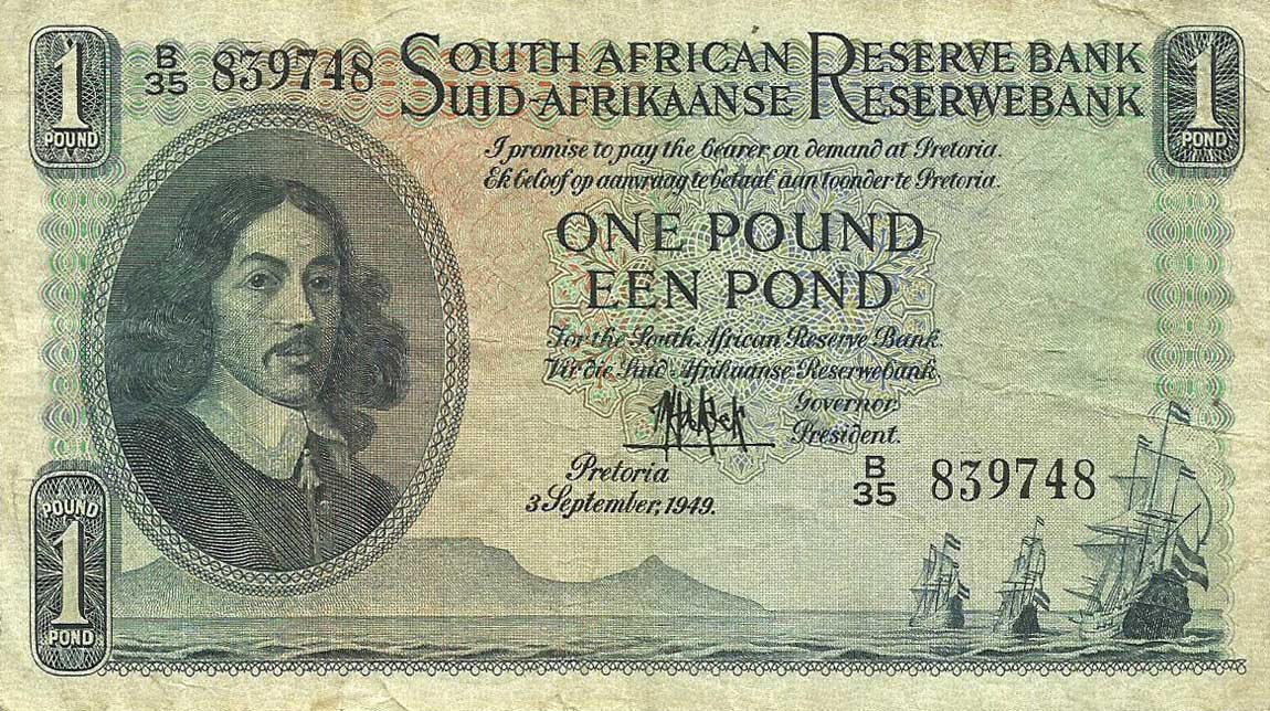 RealBanknotes South Africa P92b 1 Pound From 1949