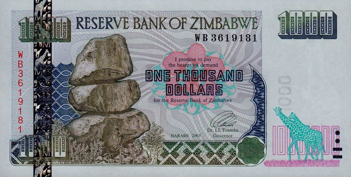 RealBanknotes Zimbabwe P12b 1000 Dollars From 2003