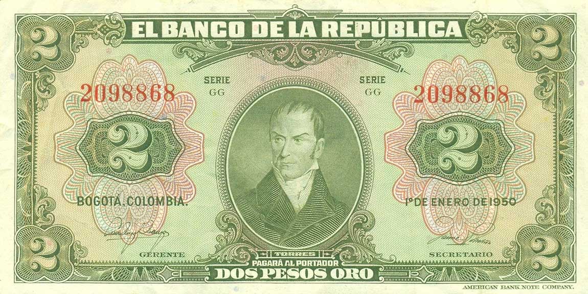 RealBanknotes.com > Colombia p390c: 2 Pesos from 1950