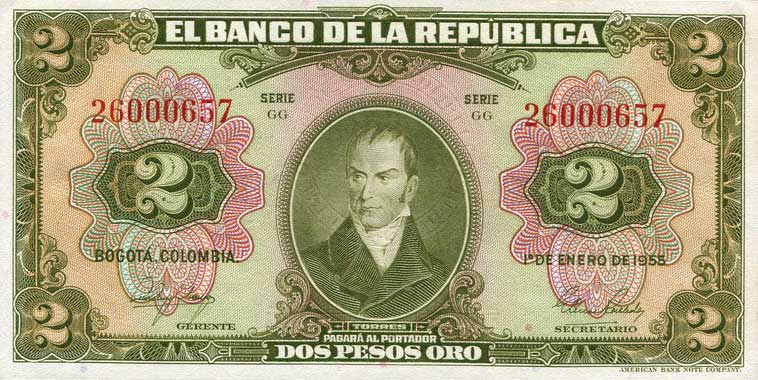 RealBanknotes.com > Colombia p390d: 2 Pesos from 1955